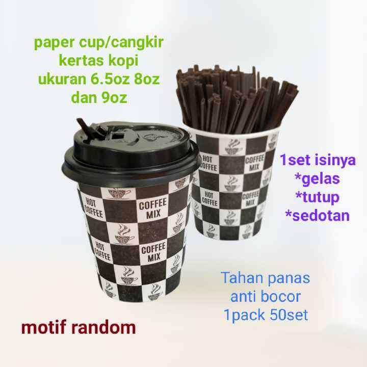 paper cup 6.5oz 8oz dan 9oz DENGAN TUTUP DAN SEDOTAN isi 50pcs gelas kopi kertas | Lazada Indonesia