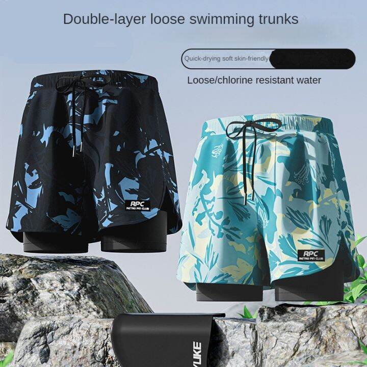 Luoke ชุดว่ายน้ำผู้ชายบ๊อกเซอร์ห้าเหลี่ยมชุดว่ายน้ำสองชั้นชายหาดมือ ...