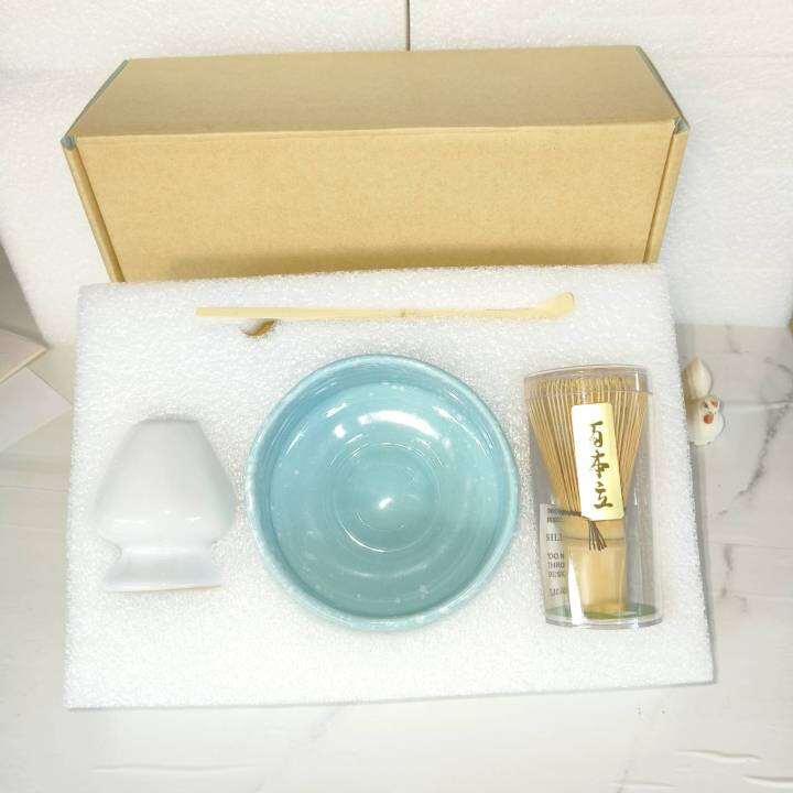 Premium Matcha Box Set ชุดชงชาเซรามิค สินค้า4ชิ้นถ้วยสีฟ้าไอซ์ซิ่ง ...