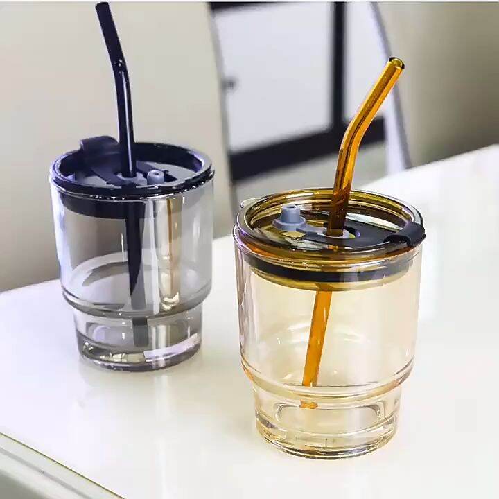 Ly thủy tinh đẹp, cốc thủy tinh Gorgous vỏ da có nắp, có ống hút đi kèm - Happy Home 4U | Lazada.vn