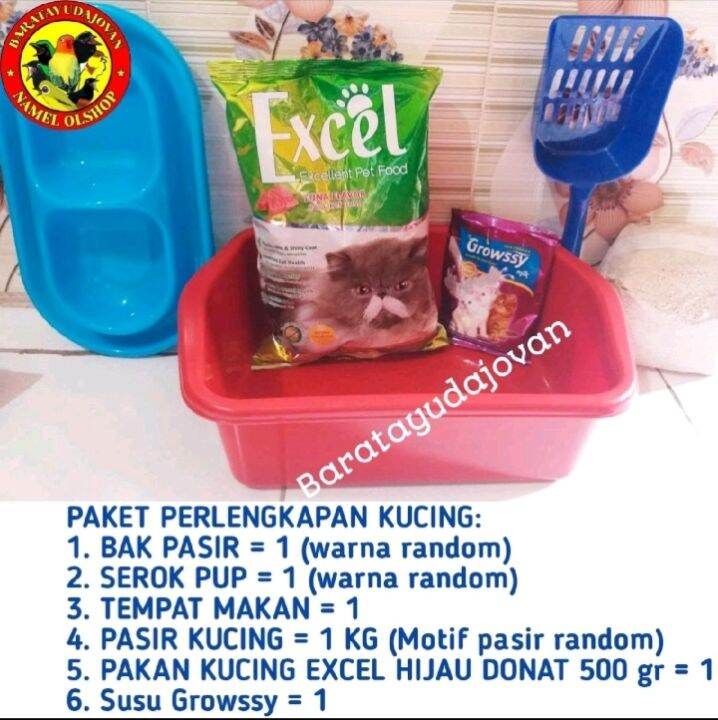 PAKET PERLENGKAPAN KUCING BAK PASIR EXCEL HIJAU SUSU PASIR TEMPAT MAKAN ...