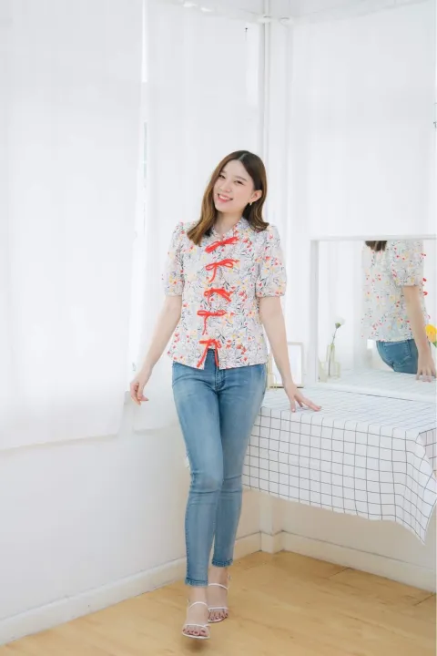 Mommade ชุดให้นม White flora Chinese top | Lazada.co.th