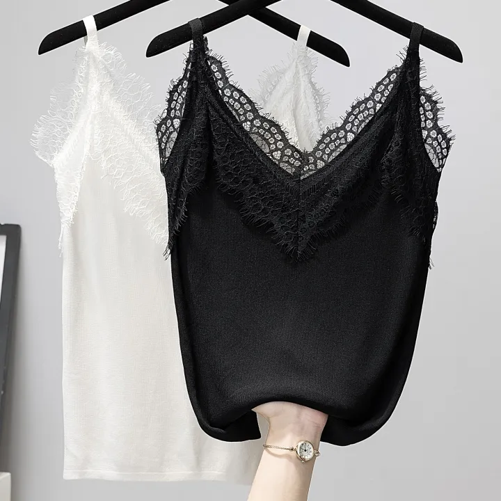 Large Size Fat Girl Sling Vest Women's Suit Inner Black White V-neck ...