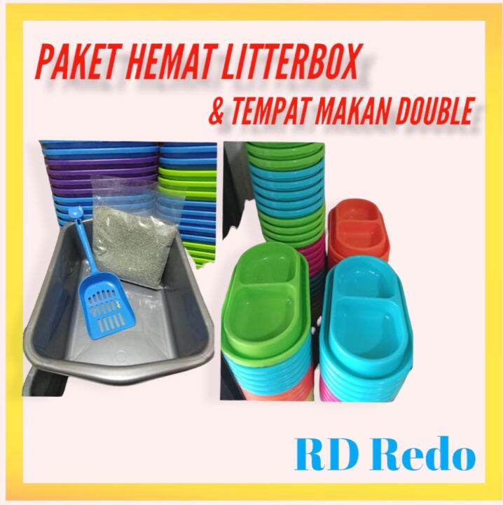 Litter Box + Tempat Makan Double + Sekop & Pasir 1Kg Paket Bak Pasir ...