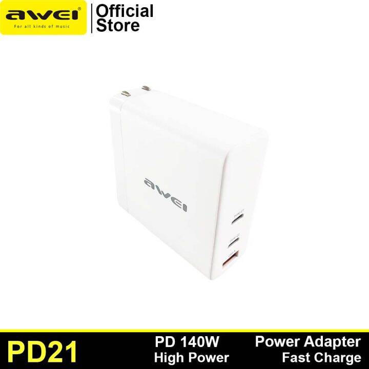 Awei PD21 Power Adapter 140W GaN Wall Charger 3 Port Fast Charge 1 USB Port 2 Type-C Ports with ...
