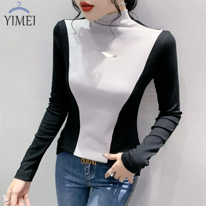 YIMEI 2022ฤดูใบไม้ร่วงใหม่ครึ่งคอสูง Bottoming เสื้อ Clash เสื้อยืด ...