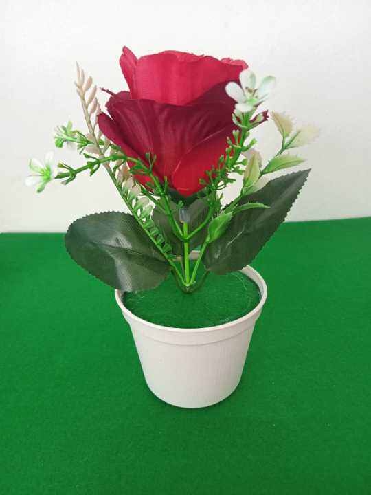 bunga rose mekar mini plastik artificial lengkap dengan pot hiasan meja ...