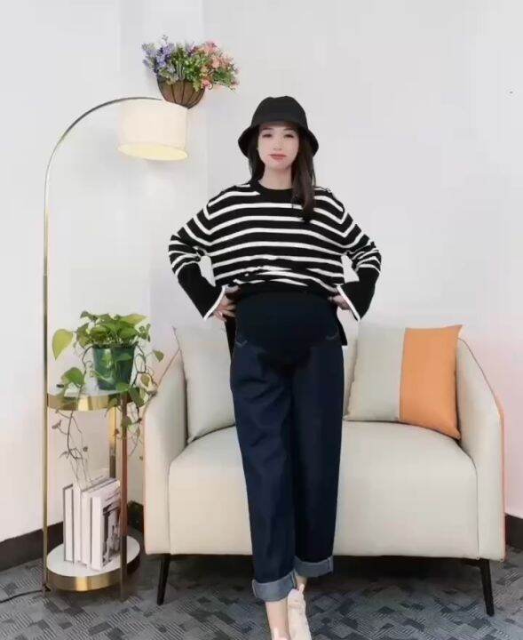 vivi.an เสื้อกันหนาวไหมพรมเกาหลี เสื้อแขนยาวคอกลม ผ่าชายเสื้อ ลายทาง ...