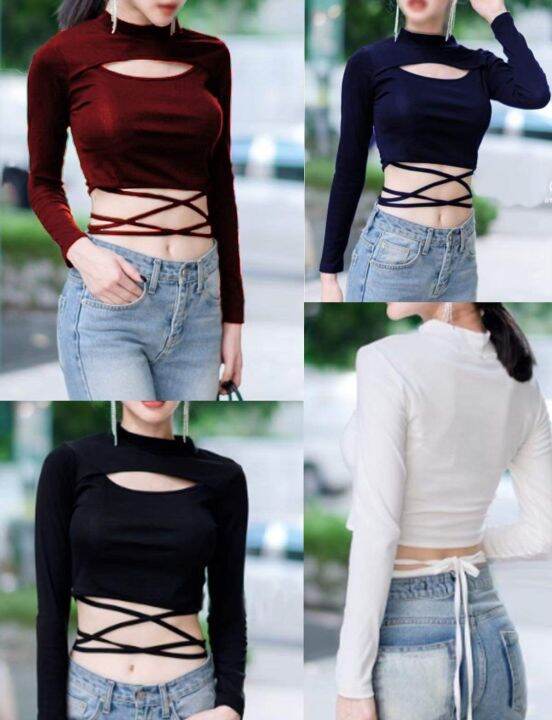 🐻FASH Zeza🐻เสื้อครอปแขนยาวผูกเอว(เว้าอก)🔥เนื้อผ้าเรย่อน ยืดตามตัว🔥พร้อม ...