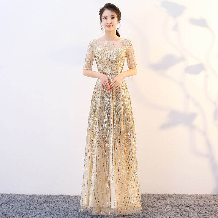 Glary Star Banquet Evening Dresses Female Long Skirt Sequin Gold Annual ...