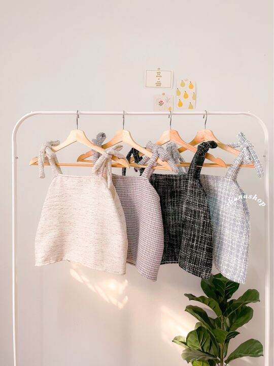 SANDY TWEED TOP🧺 สายเดี่ยวผูกไหล่ชาแนล เสื้อผูกไหล่ สายเดี่ยวผ้าชาแนลทอ ...