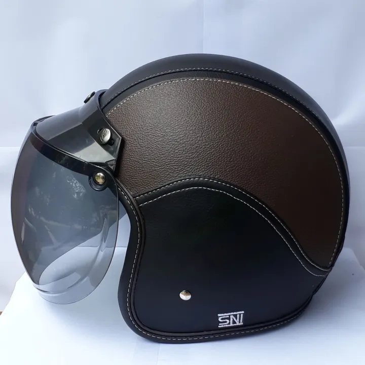 helm retro bogo kulit sni coklat tua hitam kaca cembung | Lazada Indonesia