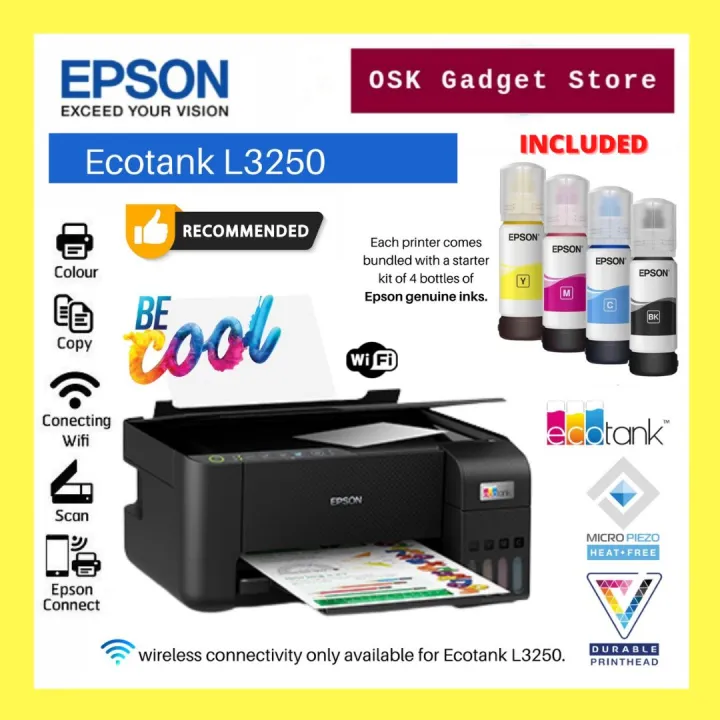 Epson EcoTank L3250 A4 All In One WiFi Ink Tank Printer | Direct WiFi | Print Scan & Copy | 2 ...