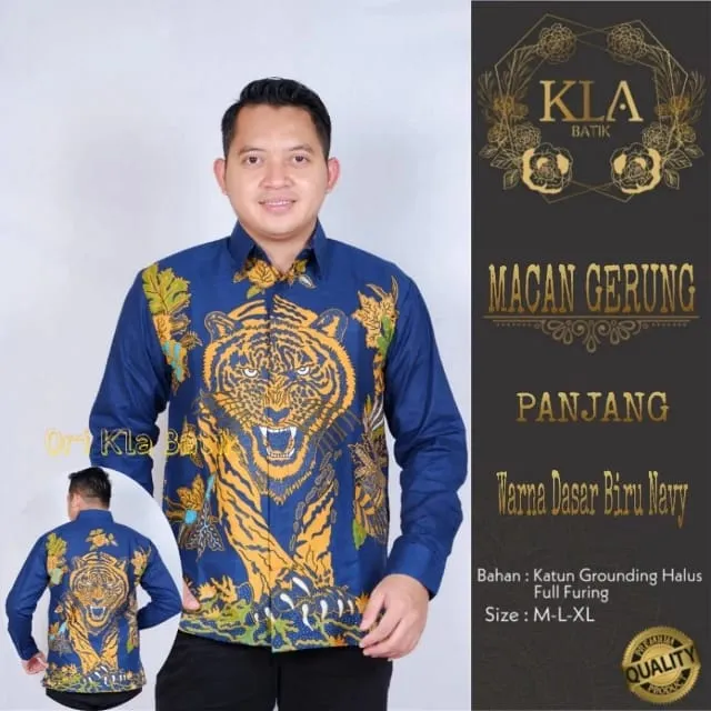 Kemeja batik MACAN BIRU / Batik lengan panjang warna biru motif harimau ...