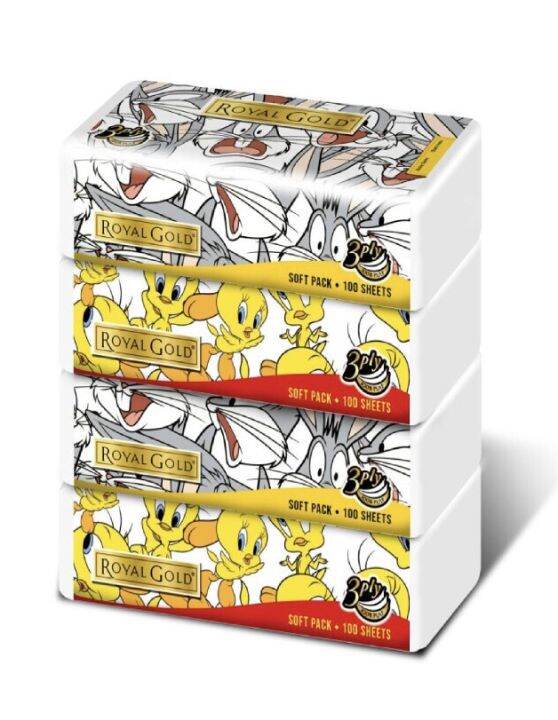 Royal Gold Looney Tunes 100% Pulp Facial Tissue Soft Pack 4 pkt x 100 ...