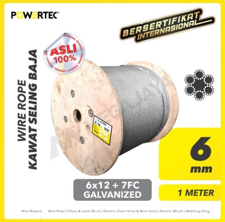 wire rope kawat seling baja ukuran 6 mm 6×12 7FC galv powertec Tali ...