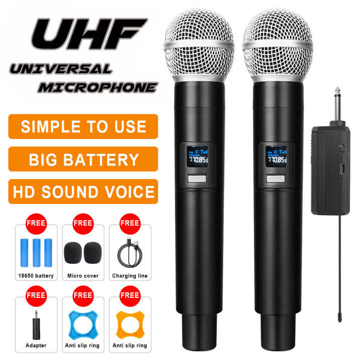UHF Wireless Microphones Professional Dual Handheld Dynamic Microphone Rechargeable Mic For Show ...