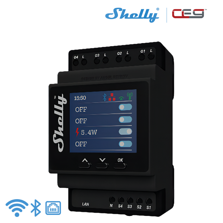 Shelly Pro 4PM, Professional 4-channel DIN rail relay with power ...