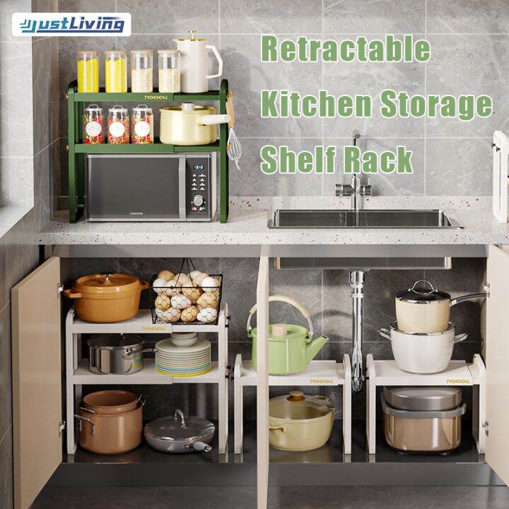 JustLiving Retractable Kitchen Shelf Rack MAX 58CM Width Plastic Double ...