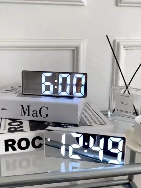 Japanese simple black and white mirror LED digital clock sound control ...