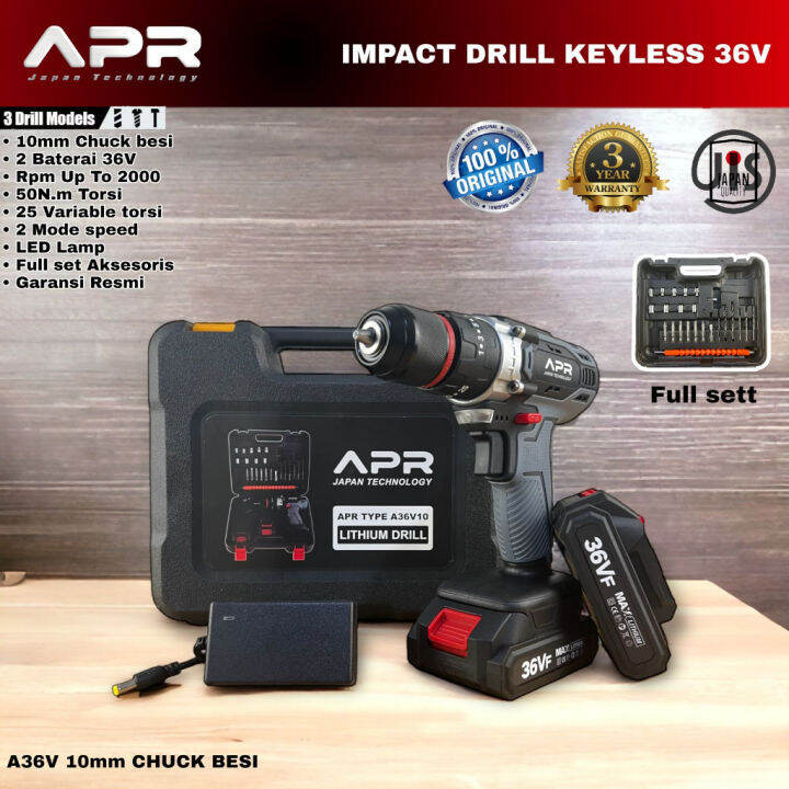 Bor cordless 36V 10mm APR impact drill type A36V-10 keyless besi MESIN ...