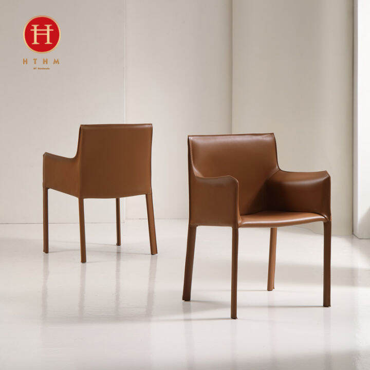 HT High-End Designer Saddle Leather Dining Chair Simple Desk Chair with ...