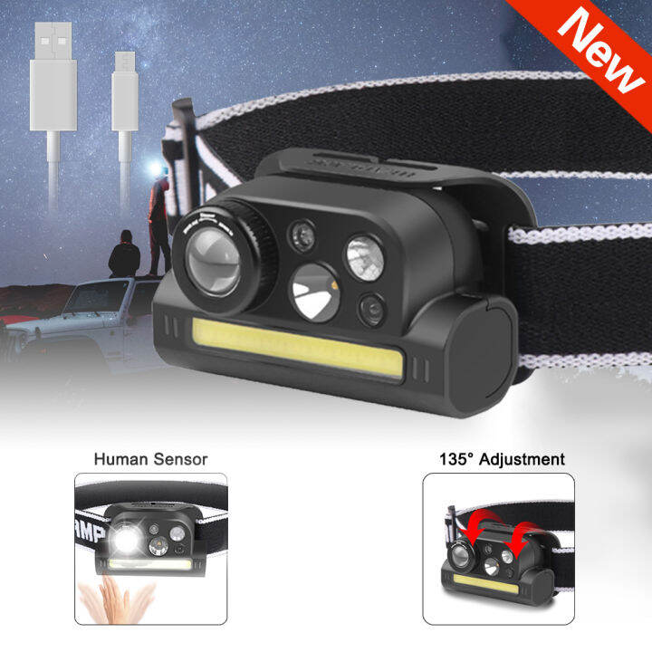 Multi function induction headlight XPG+COB red blue green light with magnet headlight Type-c ...