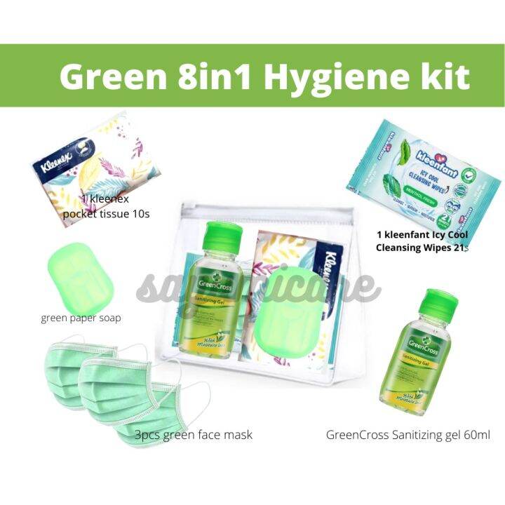 Green Hygiene Kit 8in1 wipes alcohol tissue paper soap sanitizer pouch ...