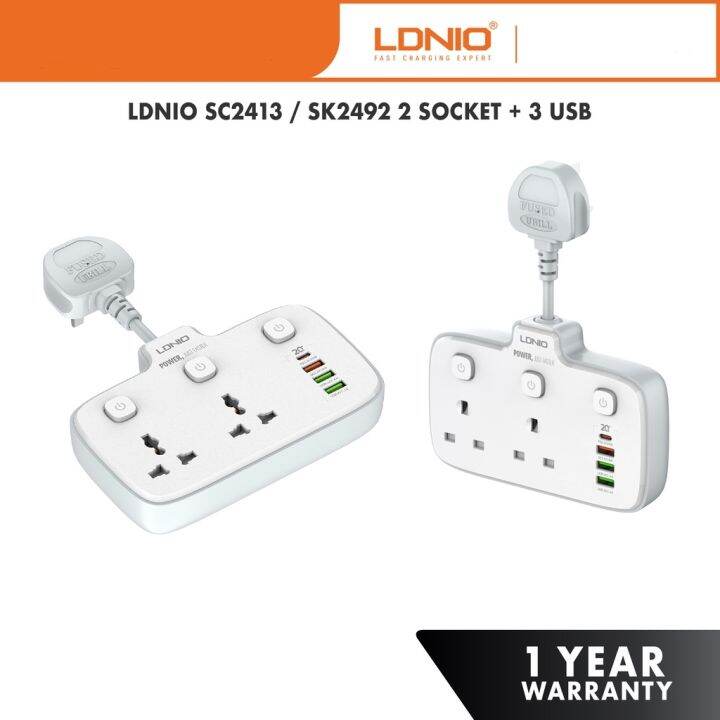 LDNIO SC2413 Universal Outlet 2 Auto-ID + 4 Port USB 20W PD & QC3.0 ...