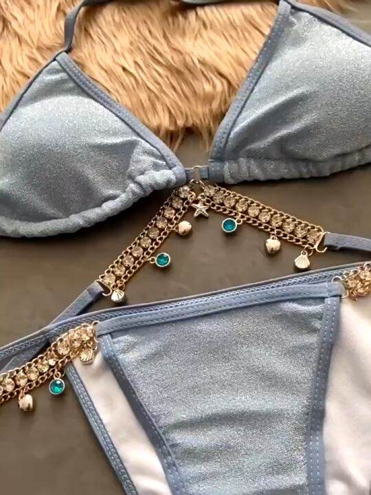 40-63KG เซ็กซี่สีชมพูสีฟ้าบิกินี่ ชุดว่ายน้ำ เสื้อพร้อมกางเกง แฟชั่นเกาหลีผู้หญิง บิกินี่ Bikini ...