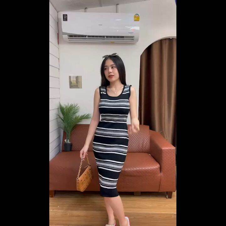 🌈MesubShop🌈 เดรสไหมพรม ทรงรัดรูป ️💚ผ้าไหมพรม แขนกุด💜เนื้อผ้าทอลายสลับสี💙💛 เดรสยาว รุ่น ซีพี ...