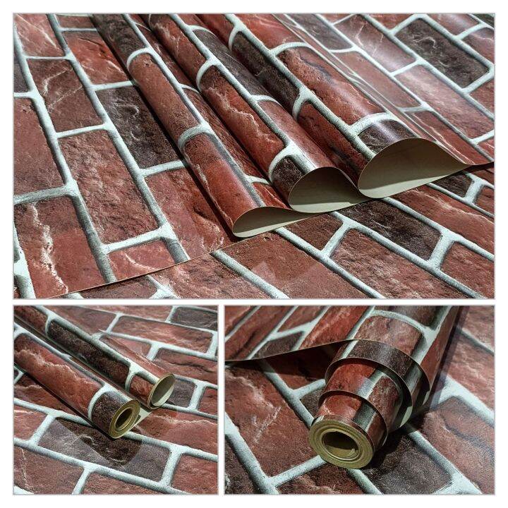 Wallpaper sticker dinding motif batu bata merah list putih elegant ...