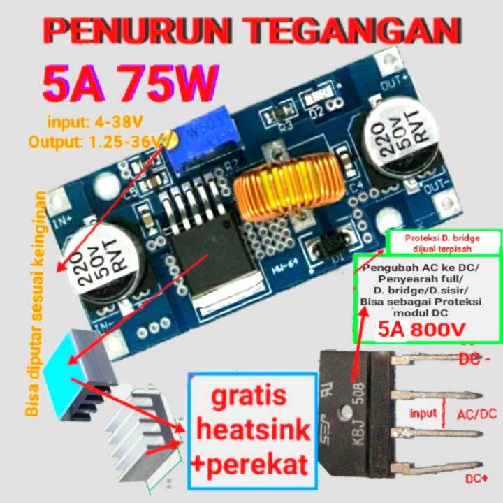 Driver 0-75W PENURUN TEGANGAN 5A 1.25-36V modul DC to DC modul stepdown ...
