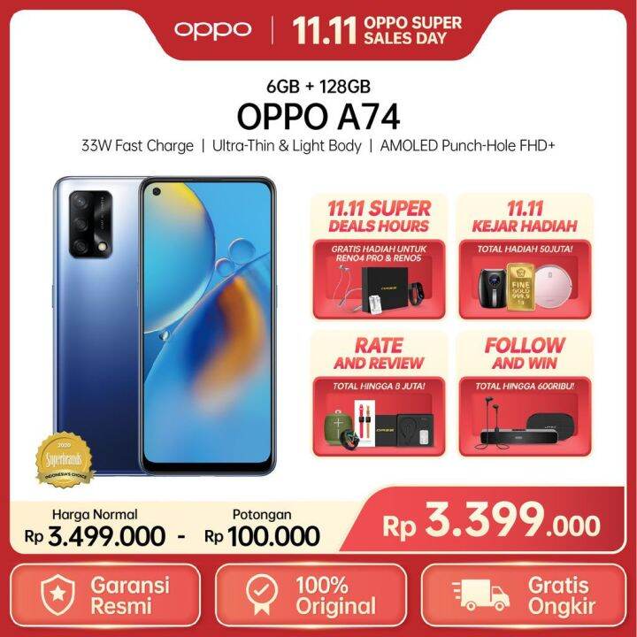 HP OPPO A74 6GB/128GB [5000mAh, 48MP AI Triple Camera, Punch Hole AMOLED FHD+ Screen, 33W Flash ...
