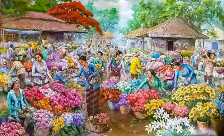 hiasan dinding lukisan cetak pasar bunga tradisional plus bingkai ...