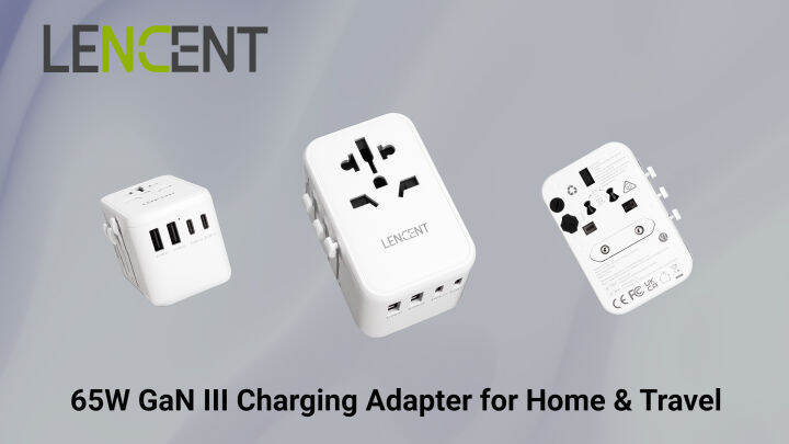 LENCENT GaN III 65W Universal Travel Adapter, International Charger with 2 USB Ports & 3 USB-C ...