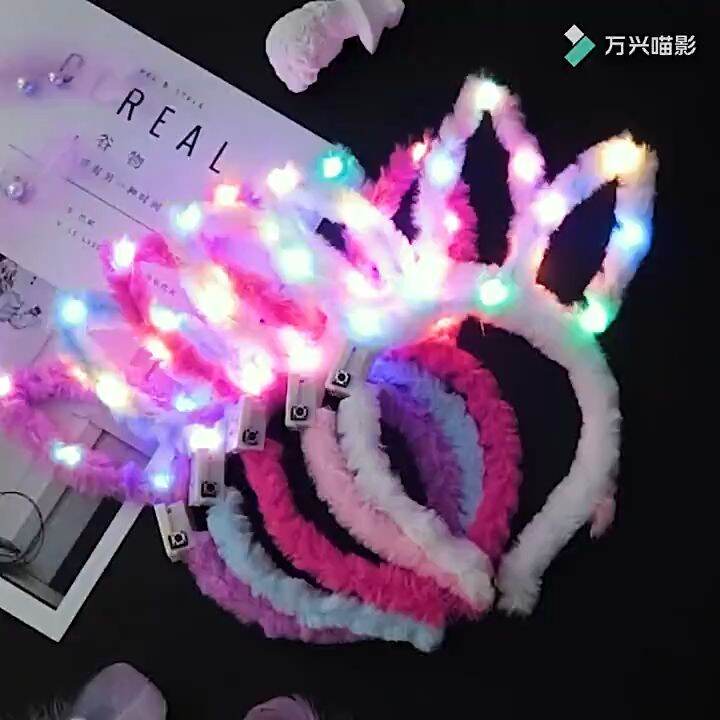 Bờm tai thỏ phát sáng, băng đô tai thỏ lông vũ có đèn led đáng yêu ...