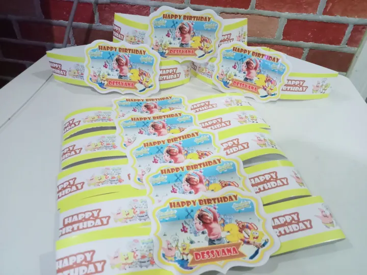 Topi ultah Spongebob isi 50 pcs FREE DESIGN FOTO bahan art paper glossy ...