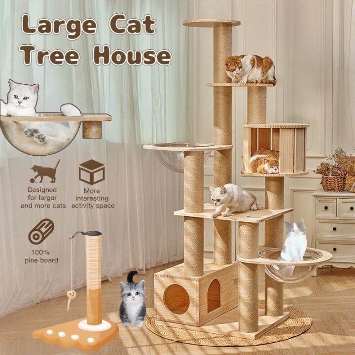 Large Cat Tree House Cat Tower Hammock Cat Climbing House Wood Cat ...