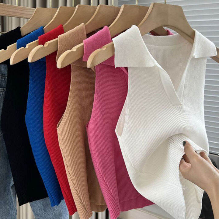 Summer Hot Girl Polo Collar Slim Looking Sleeveless Cold-Shoulder ...