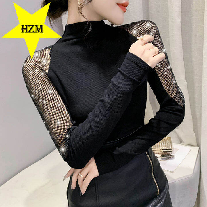 HZM เสื้อยืด2023คอเต่าแขนยาวมีรูสำหรับใส่เล่นอินเทอร์เน็ตของคนดังเสื้อยืดติดเพชรแวววาวติดเพชรแบบ ...