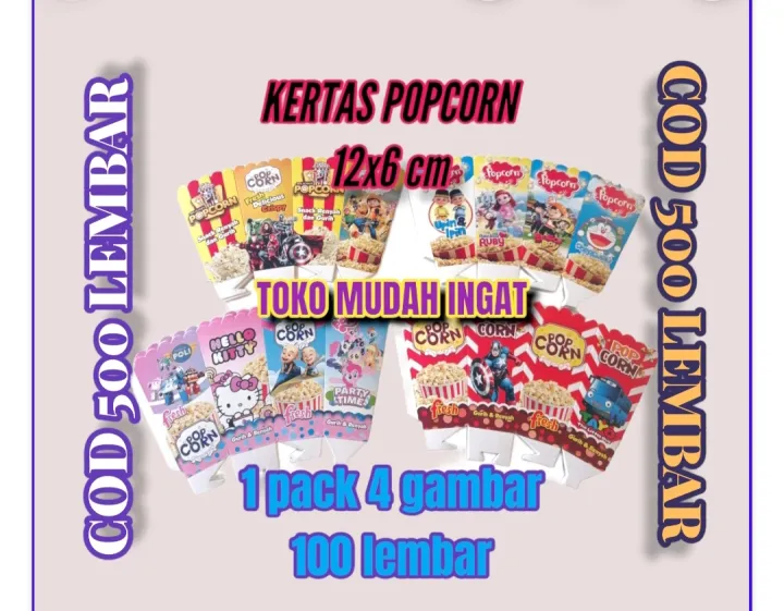 500 LEMBAR KERTAS POPCORN 12x6 CM / KEMASAN POPCORN 1 PACK 4 GAMBAR ...