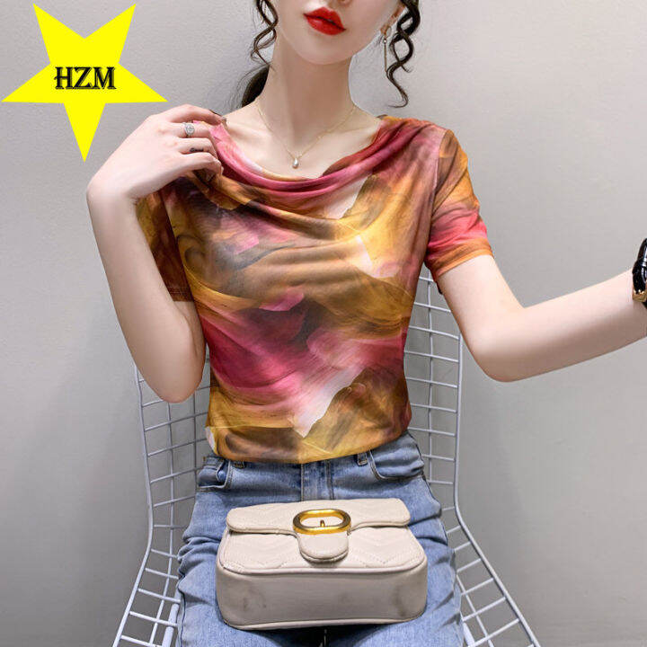 HZM เสื้อยืดพิมพ์ลายผ้าโปร่งแฟชั่นใหม่2023กระชับสัดส่วนพร้อมสายคล้องไหล่อายุฤดูร้อน | Lazada.co.th