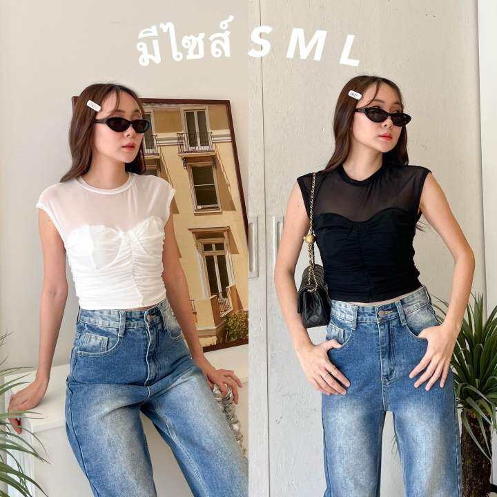 SHOP.POPO-Mabel crop top เสื้อซีทรูแขนสั้น มีไซส์ S M L | Lazada.co.th