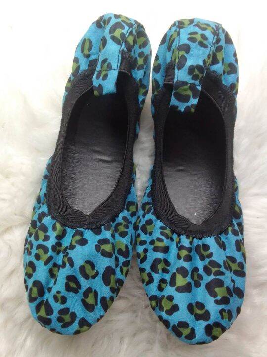 Foldable Garterized flat Doll Shoes For Women Leopard Aqua Blue With ...