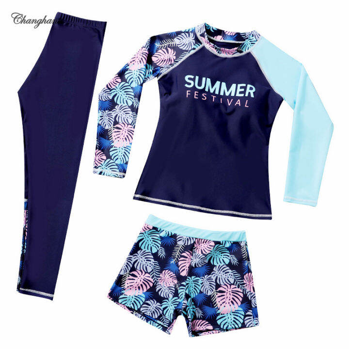 3 Pieces Set Swimwear for Girls Deep Blue Patchwork Swimming Suit for ...