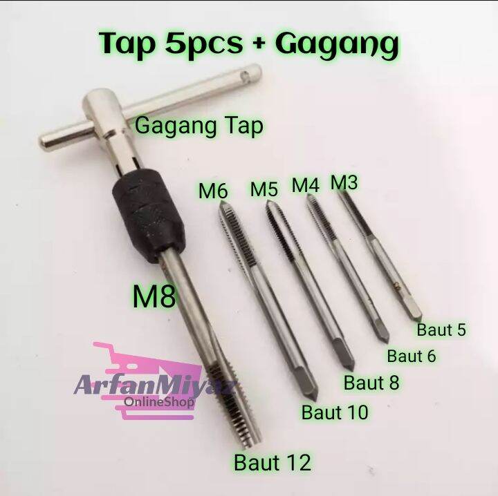 Hand Tap Set 5Pcs M3-M8 Alat Pembuat Ulir Drat Dalam Plus Gagang 1 Hand tap Die Tapping Drill ...