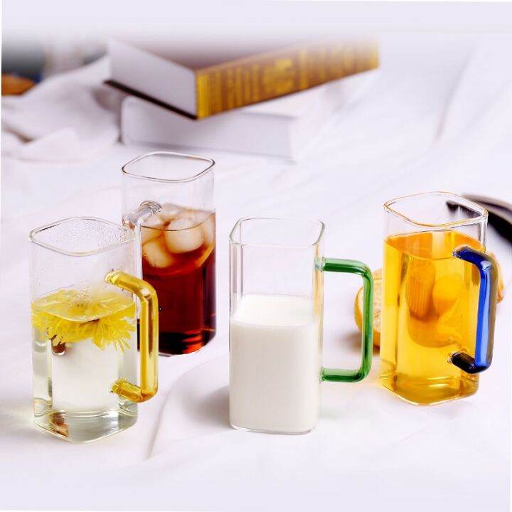Heat-resistant anti-scald color handle square mouth glass cups high ...