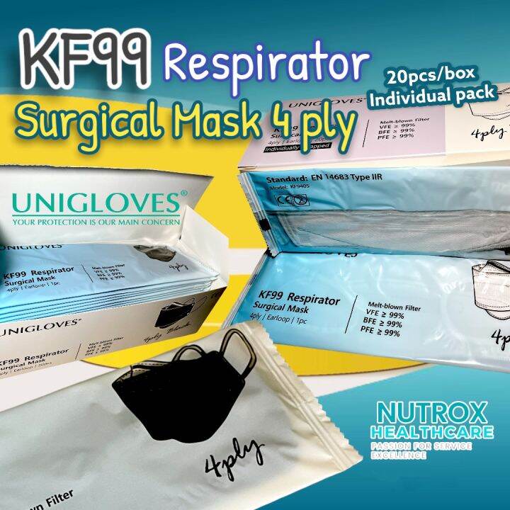 UNIGLOVES KF99 4ply Respirator Surgical Mask Individually wrapped 20pcs/box Earloop 99% BFE, VFE ...
