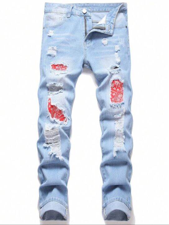 Men Paint Drip Print Ripped Jeans | Lazada PH